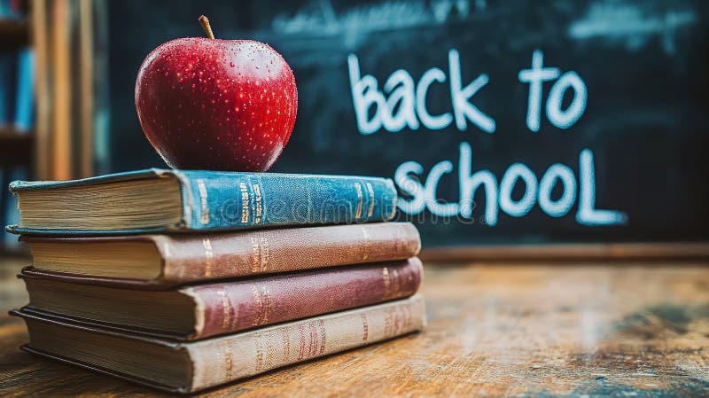 School Books with Apple on Desk. Back To School Stock Photo - Image of ...