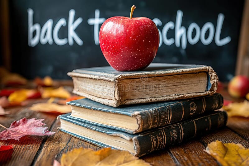 School Books with Apple on Desk. Back To School Stock Photo - Image of ...