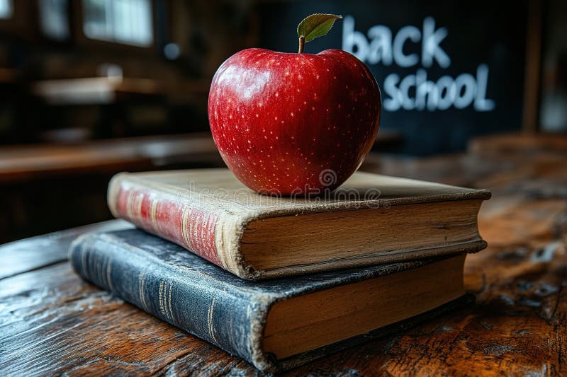 School Books with Apple on Desk. Back To School Stock Photo - Image of ...