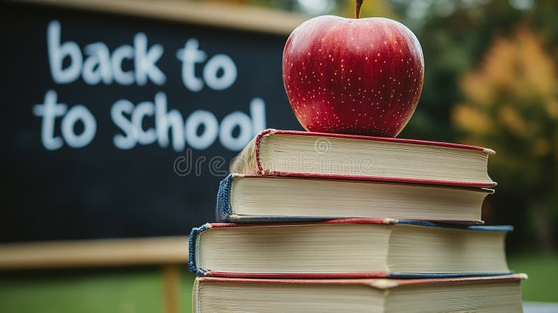 School Books with Apple on Desk. Back To School Stock Image - Image of ...