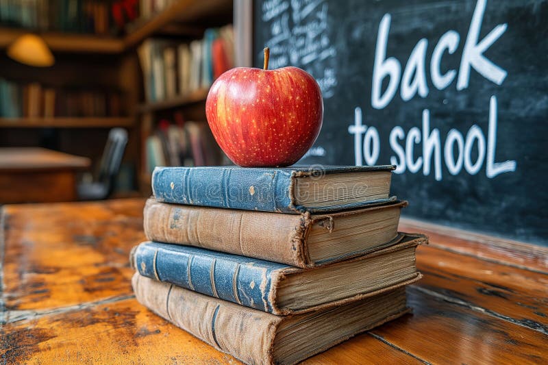 School Books with Apple on Desk. Back To School Stock Image - Image of ...
