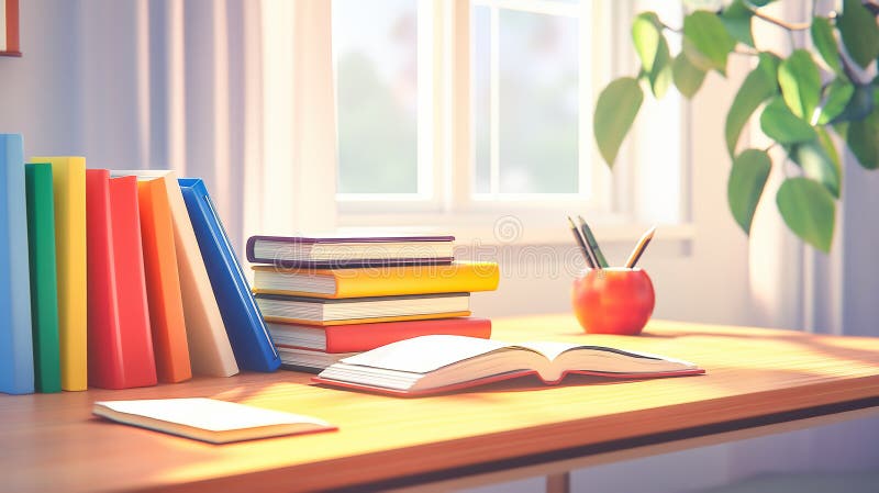 School books on desk stock illustration. Illustration of learn - 332579315