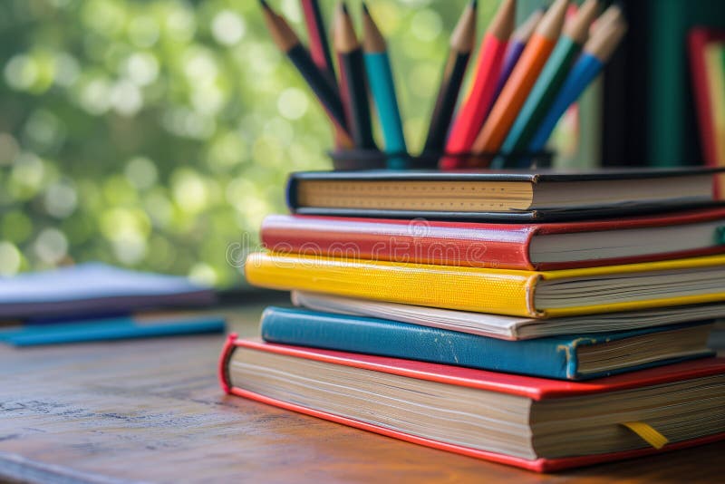 School books on desk stock illustration. Illustration of reading ...