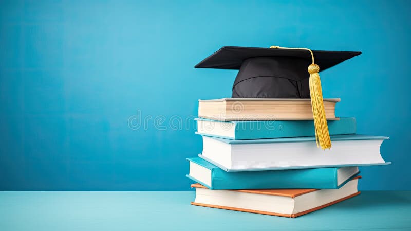 School Books with Graduation Hat on Light Blue Background Stock ...
