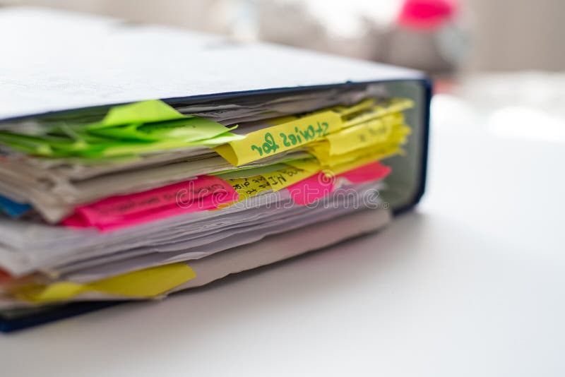 School Box-files with Organized Reading Document Notes on Table. Office ...