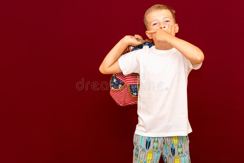 School Boy with Backpack, on Red Wall Stock Image - Image of clothes ...
