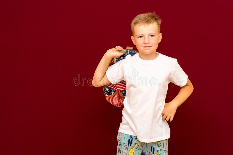 School Boy with Backpack, on Red Wall Stock Photo - Image of excited ...