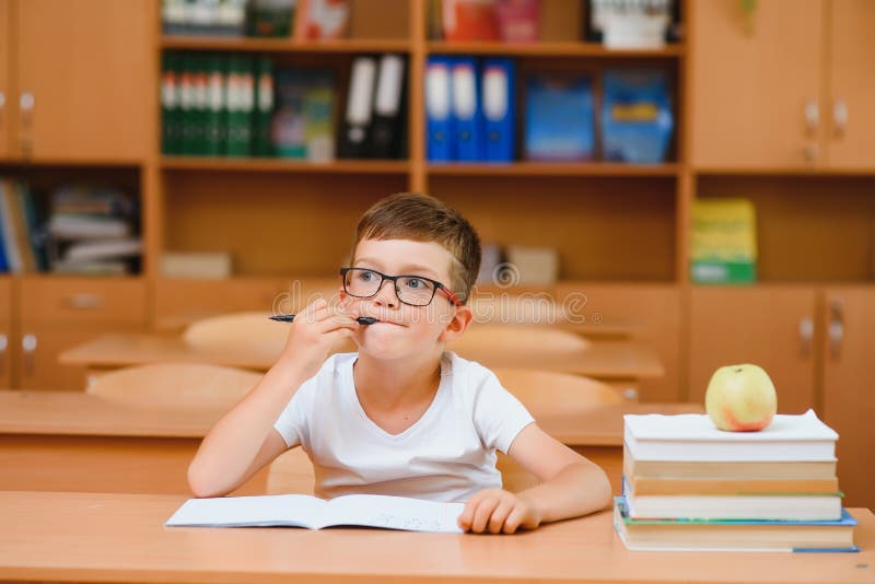 School Boy in Classroom at Lesson Stock Photo - Image of schoolboy ...