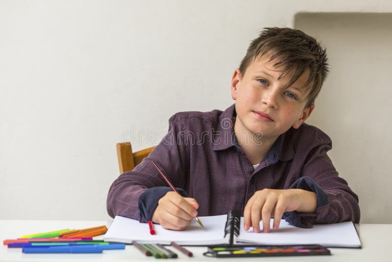 School Boy Doing Homework at His Desk. Portrait. Stock Photo - Image of ...