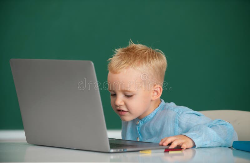 School Boy Learn Lesson Sitting at Desk, Studying Online E-learning Use ...