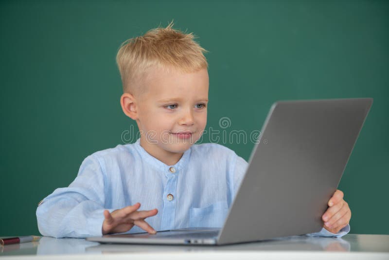 School Boy Learn Lesson Sitting at Desk, Studying Online E-learning Use ...