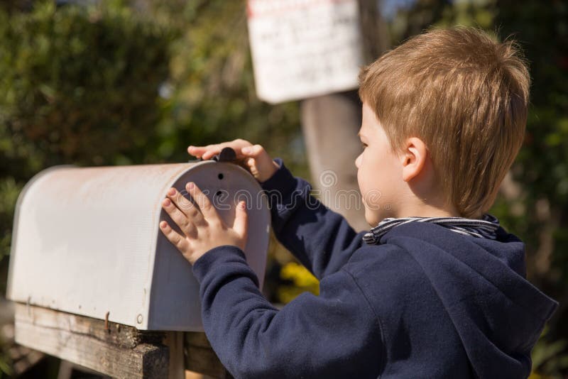 School Boy Opening a Post Box and Checking Mail. Kid Waiting for a ...