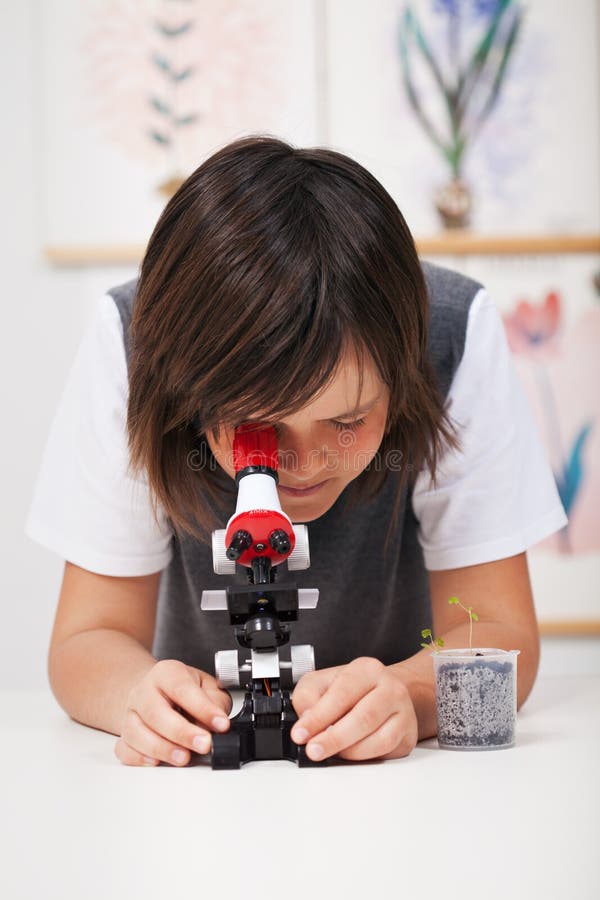 School Boy in Science Class with Microscope Stock Image - Image of ...