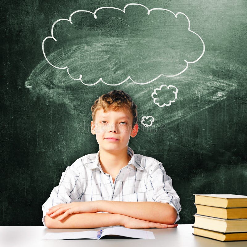 Kids Education, Child Boy Study in School, Thinking Bubble Stock Photo ...