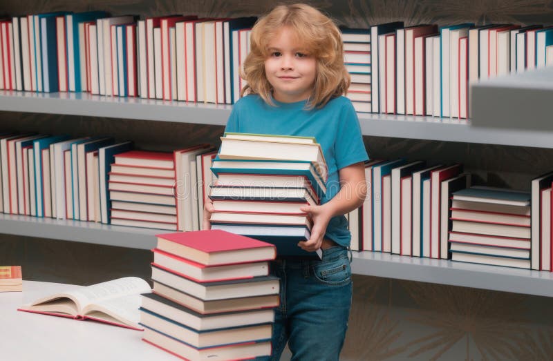 School Boy with Stack of Books in Library. School Child Student ...