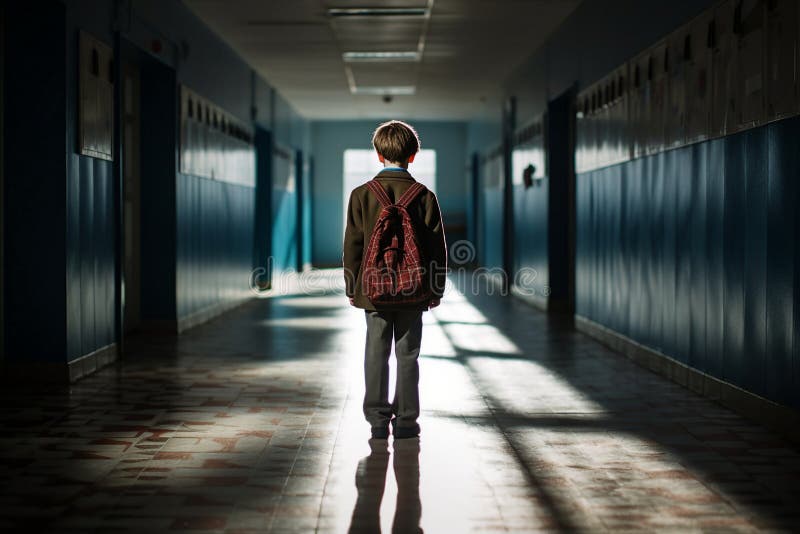 School Boy Stand Alone in Corridor Stock Illustration - Illustration of ...