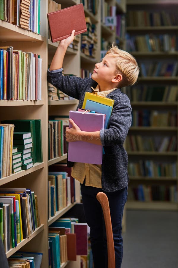 Little School Boy Taking Books from Shelves in Library, with a Stack of ...