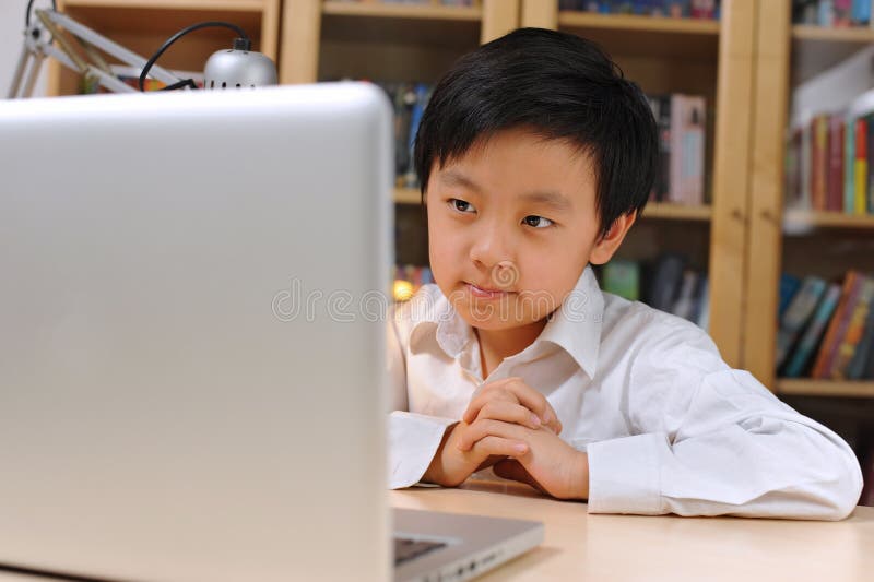 School Boy in White Shirt in Front of Laptop Computer Stock Image ...