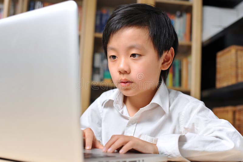 School Boy in White Shirt in Front of Laptop Computer Stock Photo ...