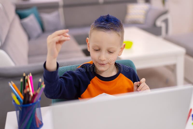 School Boy Working from Home. Back To School Concept after Pandemic ...
