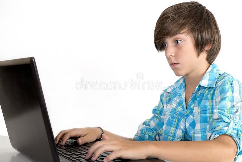 School Boy Working on a Laptop, Isolated on White Stock Image - Image ...