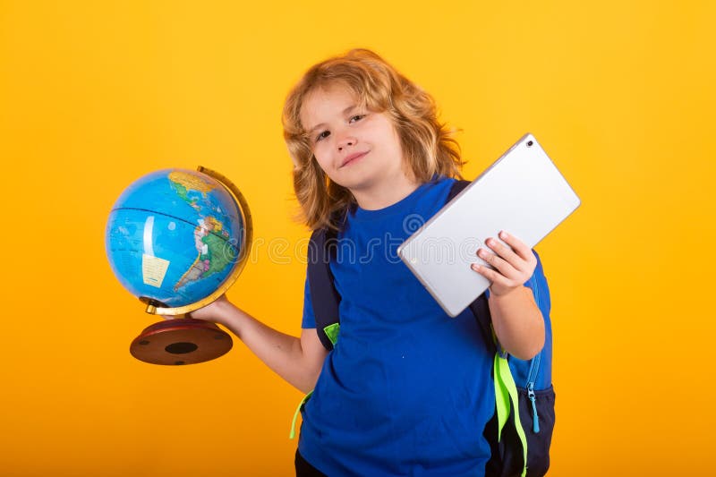 School Boy World Globe and Tablet. Nerd School Kid Isolated on Studio ...