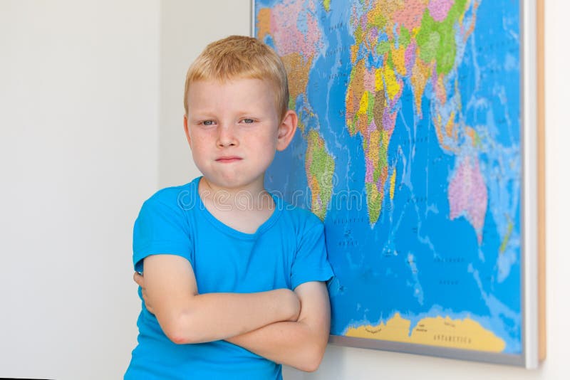 Preschool Boy with World Map Stock Photo - Image of happiness, looking ...
