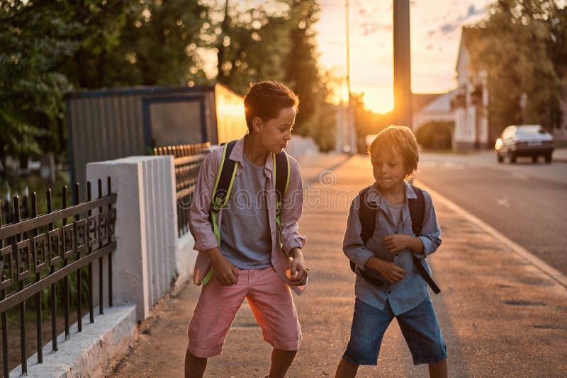 School Boys Running To School. School Boys Having Fun after School ...