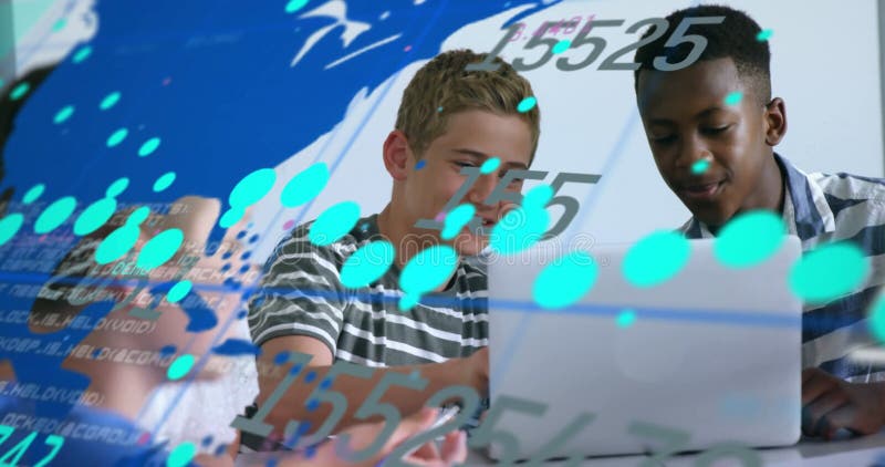 In School, Boys Using Laptop with Animation of Numbers and Dots ...