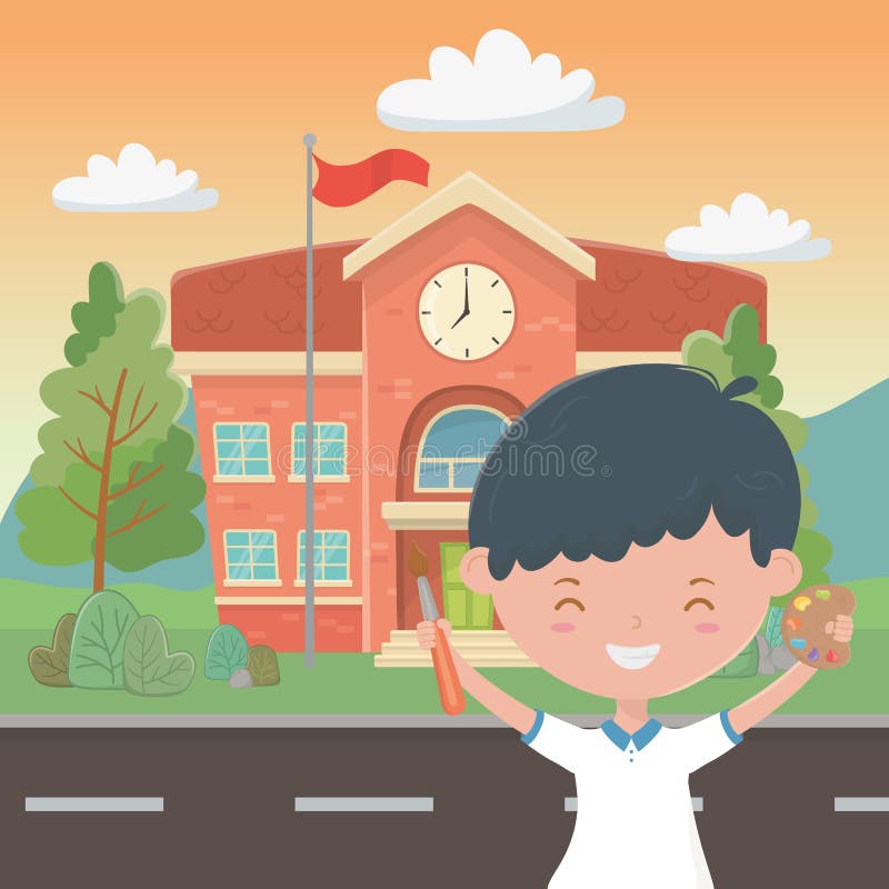 School Building and Boy Cartoon Design Stock Vector - Illustration of ...