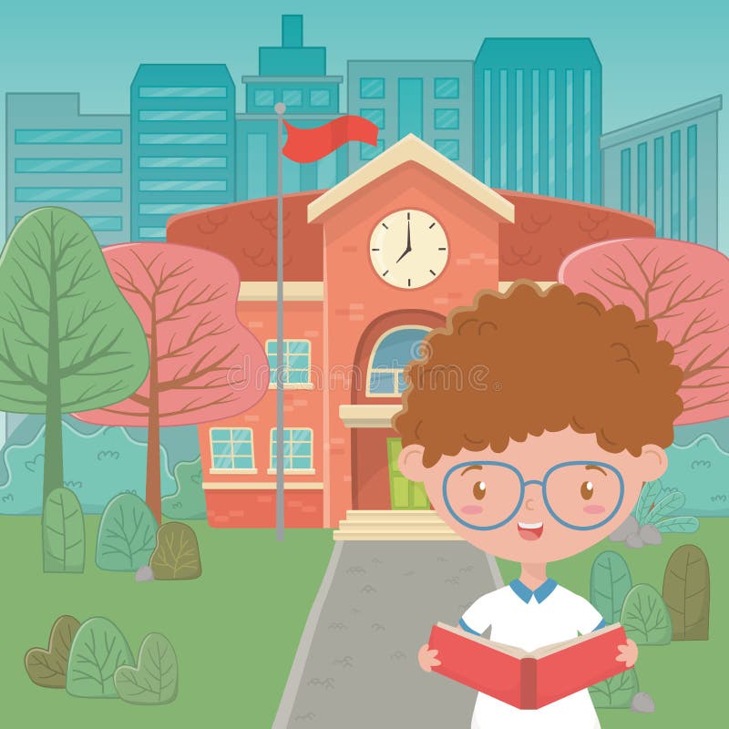 School Building and Boy Cartoon Design Stock Vector - Illustration of ...