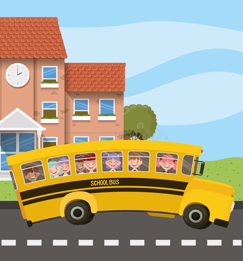 School Building and Bus with Kids in the Road Scene Stock Vector ...