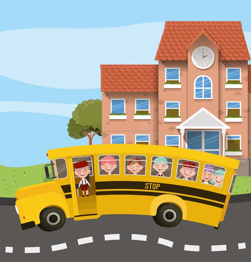 School Building and Bus with Kids in the Road Scene Stock Vector ...