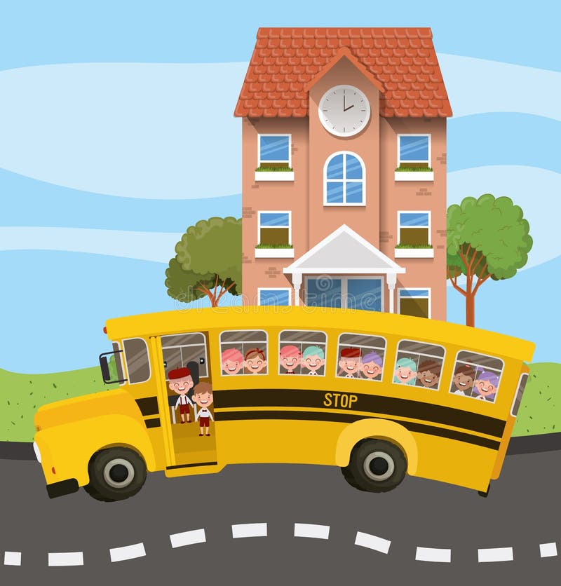 School Building and Bus with Kids in the Road Scene Stock Vector ...