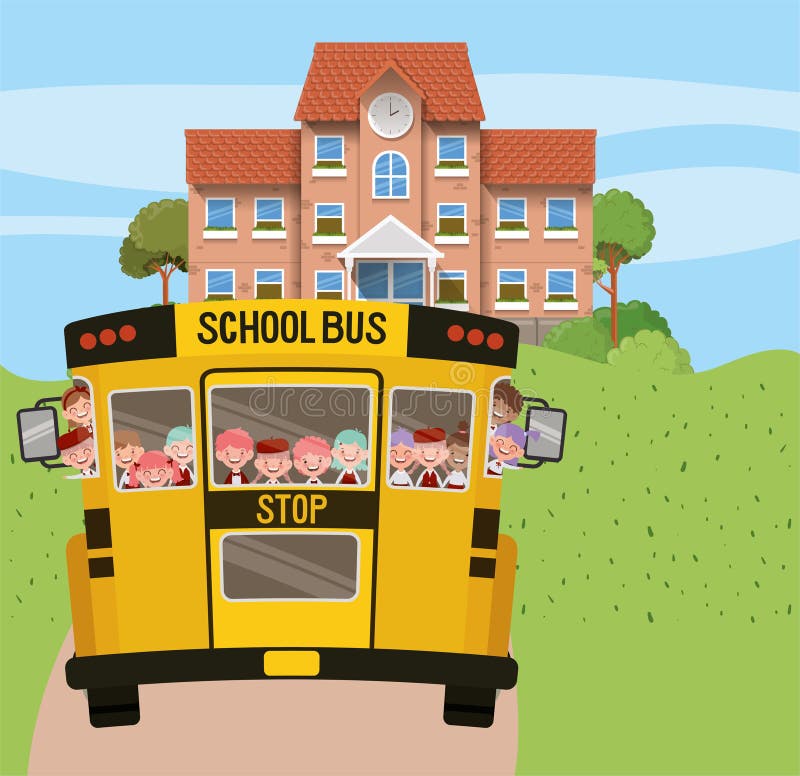 School Building and Bus with Kids in the Road Scene Stock Vector ...