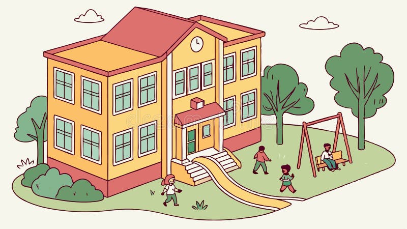 School Building, Children Interacting, Community Learning, Vector ...