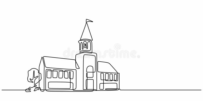 School Building in Continuous One Line Drawing Style, Vector ...
