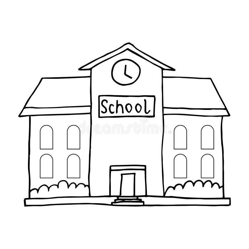 School Building in Doodle Style. Isolated on White Background Stock ...