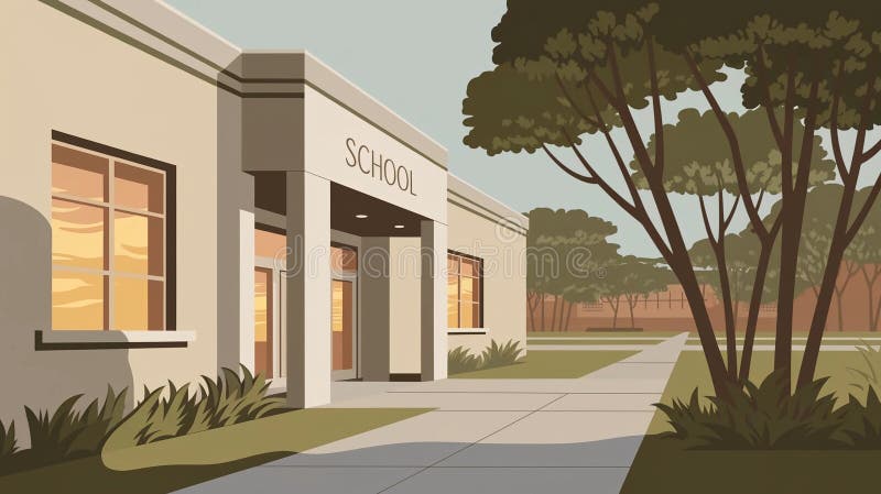 School Building Exterior with Trees and Walkways Education Facility ...