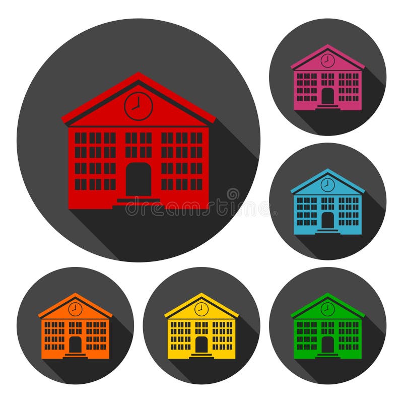 School Building Icons Set with Long Shadow Stock Illustration ...