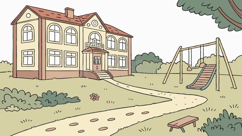 School Building with Playground, Educational Fun Area, Vector Design ...