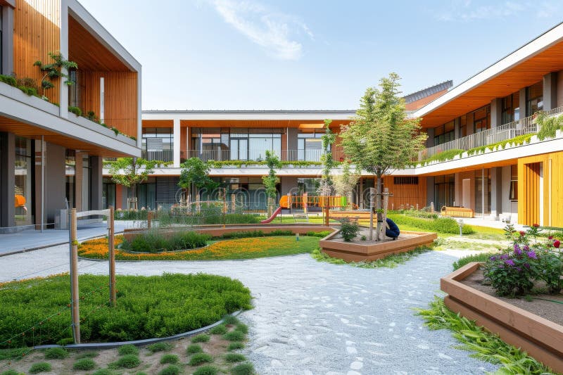 School Building with Playground in Front of Building Stock Image ...