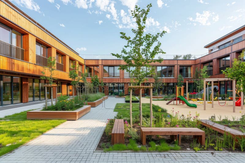 School Building with Playground in Front of Building Stock Illustration ...