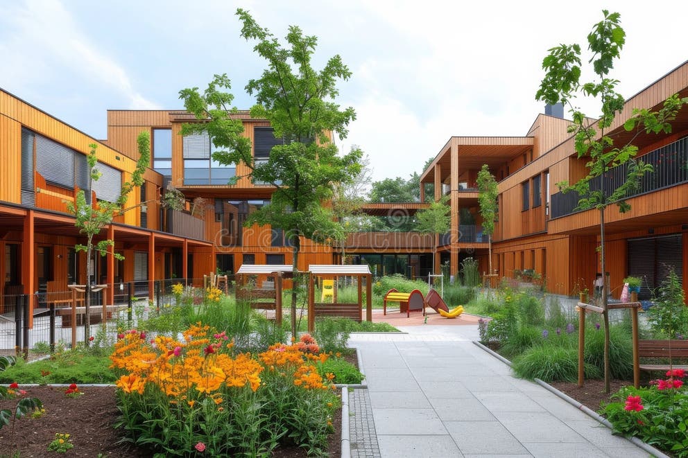 School Building with Playground in Front of Building Stock Image ...