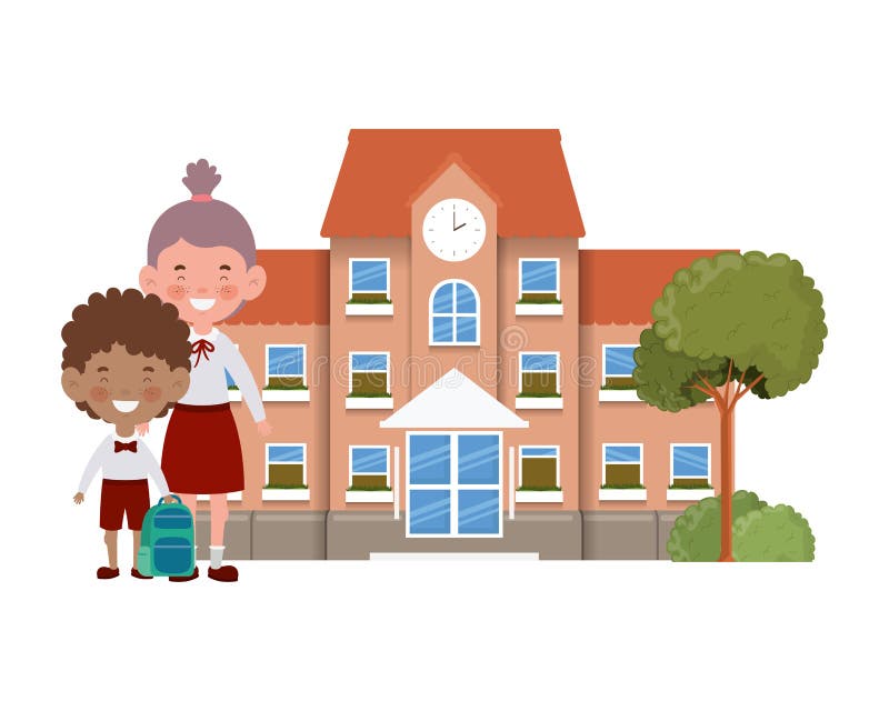 School Building of Primary with Students Stock Vector - Illustration of ...