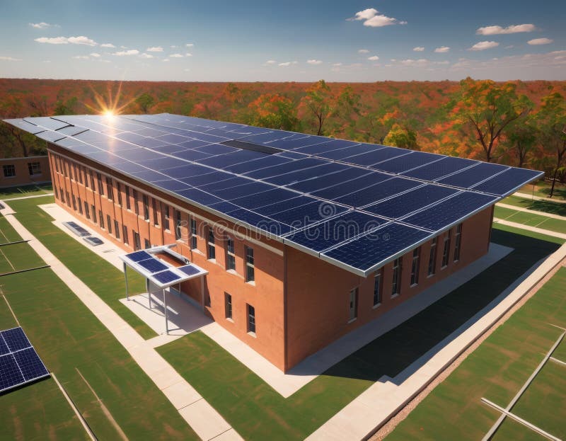 School Building with Rooftop Solar Panels Stock Image - Image of panels ...