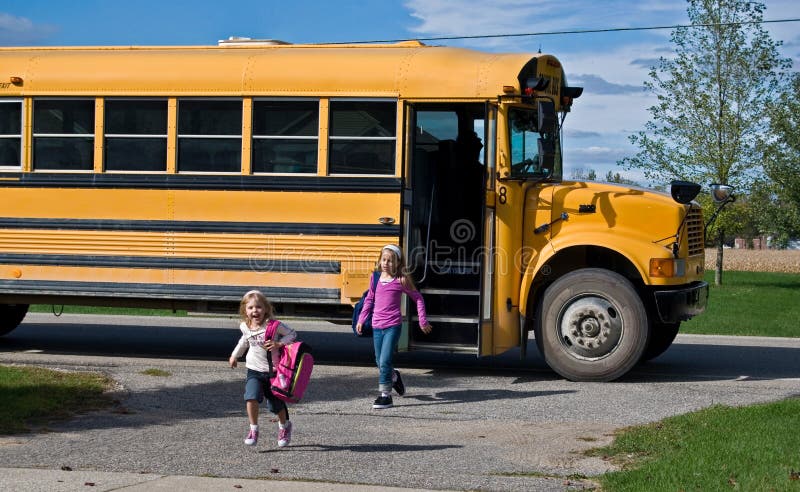 Little Girls with School Bus Stock Photo - Image of transportation ...