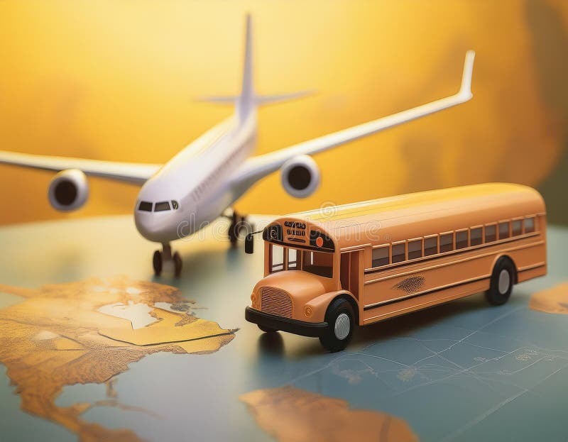 School Bus and Airplane with World Map. Transportation System Concept ...