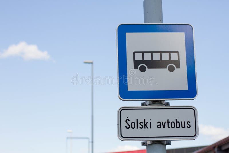 School bus blue road sign stock image. Image of caution - 200656413