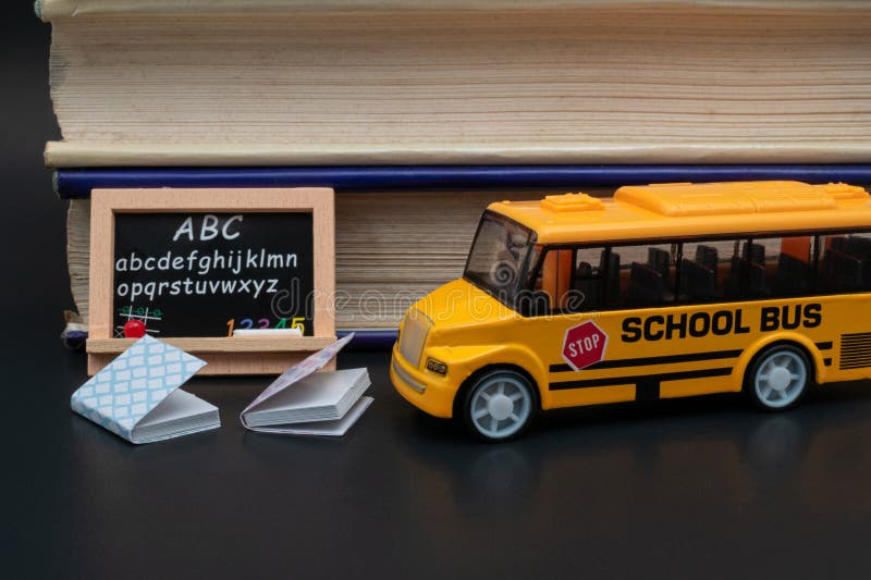 School Bus, Notebooks and Chalkboard. Back To School Stock Photo ...
